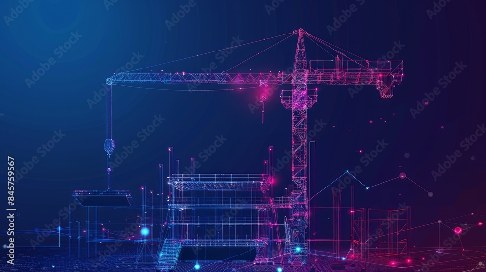 The building work process is illustrated with construction equipment ...