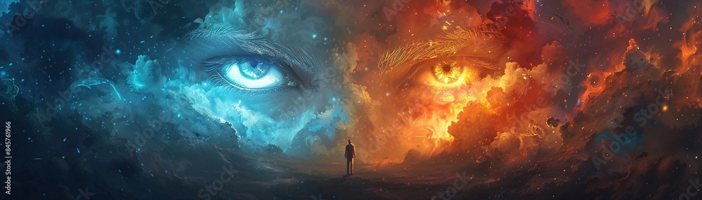 Abstract art with contrasting paths of good and evil, a figure making a ...