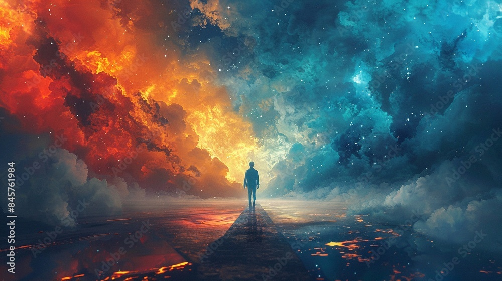 Surreal depiction of a figure deciding between contrasting paths of ...