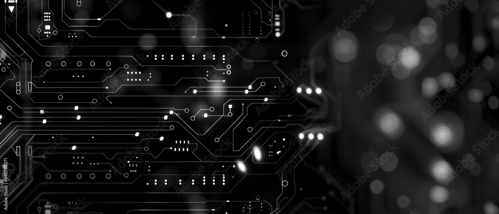 black backdrop, a technical illustration portrays circuits and ...