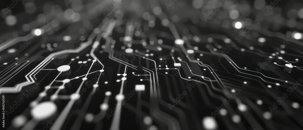 black backdrop, a technical illustration portrays circuits and ...