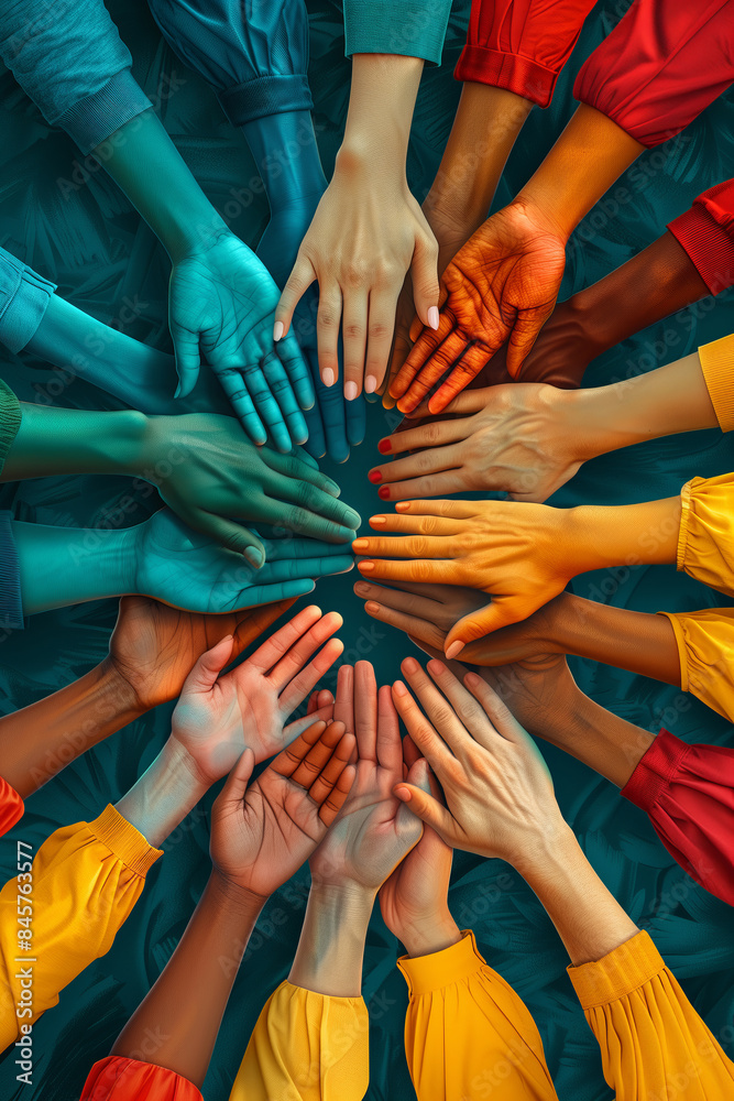 Colorful hands forming a circle, reaching across racial divides in ...