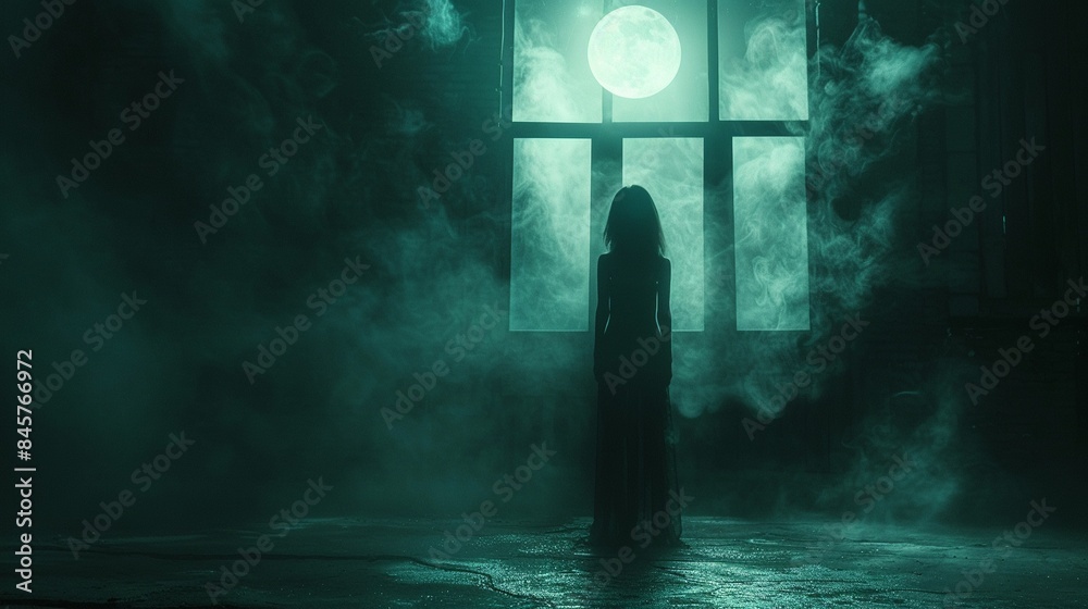 Lonely fairy by a moonlit window, magical mist creating a mystical and ...