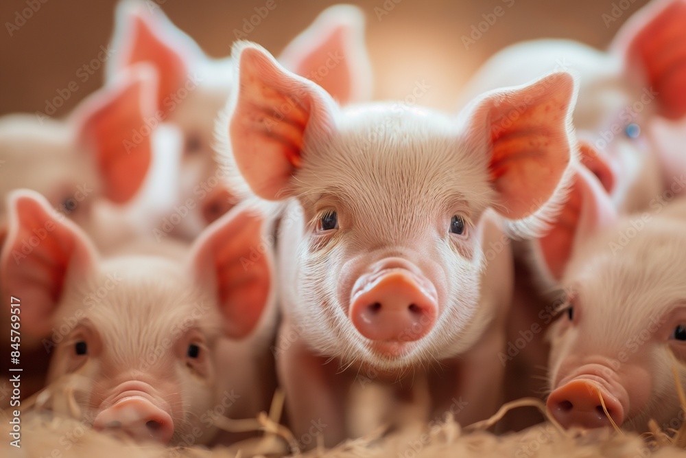 Close-up photo of cute piglets in a barn, focusing on their expressive ...