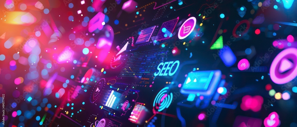 seo modern web interface, vibrant icons float over analytics graphs ...