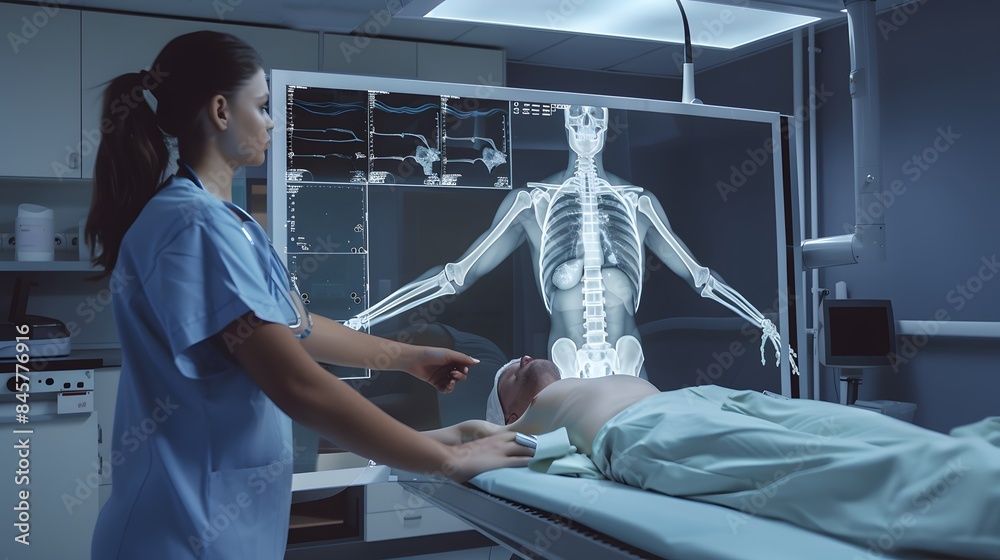 Female radiologic technologist positions patient for X-ray scan in ...