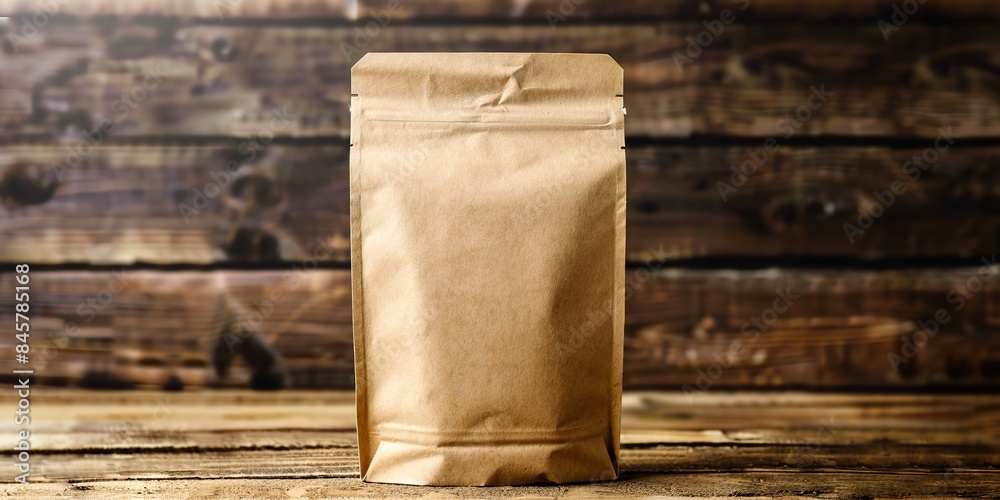 Mock up of one brown paper zip bag on wood desk, dark blue wall ...