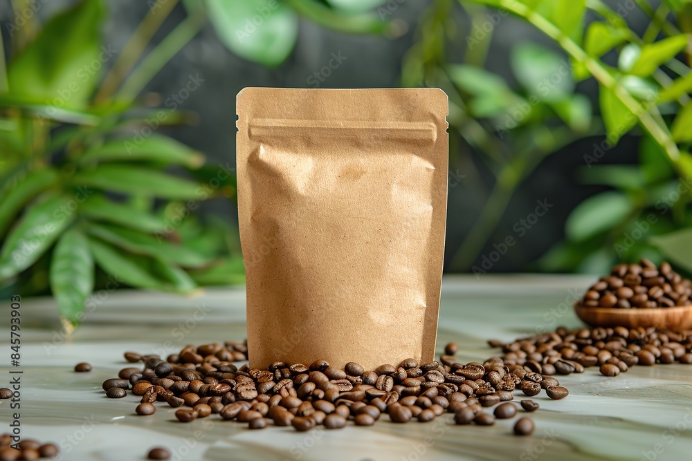 Coffee paper bag with coffee beans heap on blurred coffee shop ...
