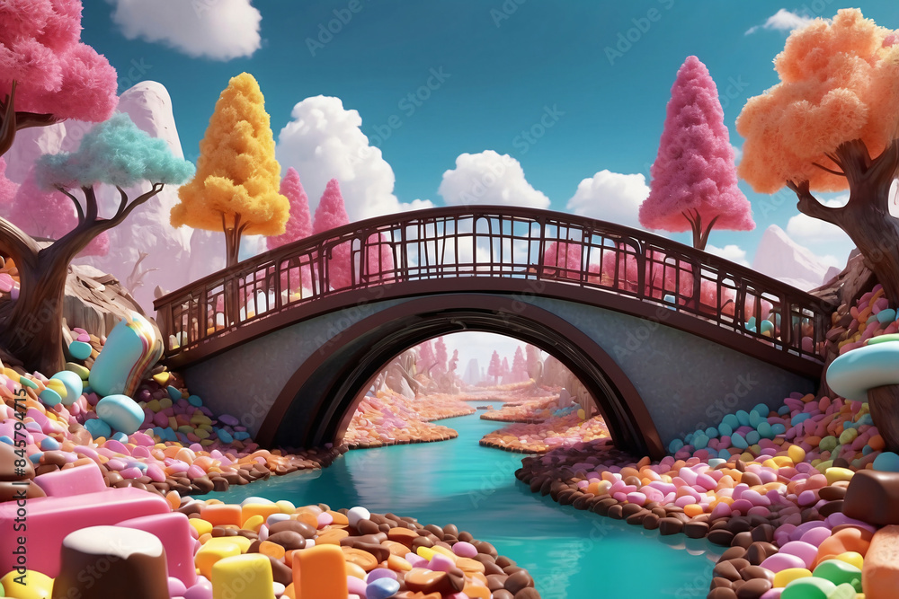 Whimsical Landscape with Chocolate Bridge Over Candy River: Milk ...