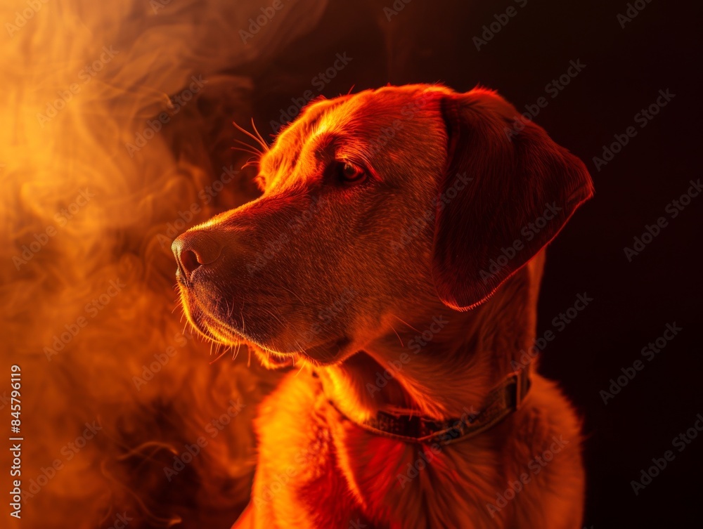 Dog with glowing aura against dark background, light and shadow effects ...