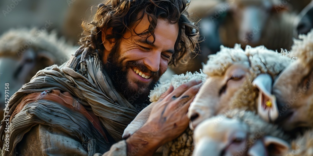 Jesus rescuing a lost sheep in a powerful moment. Concept Religious Art ...