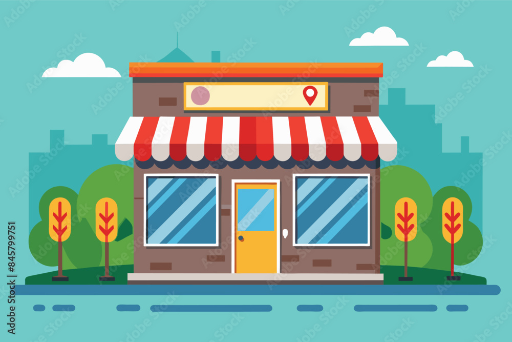 A flat cartoon illustration of a brick storefront with a red and white ...