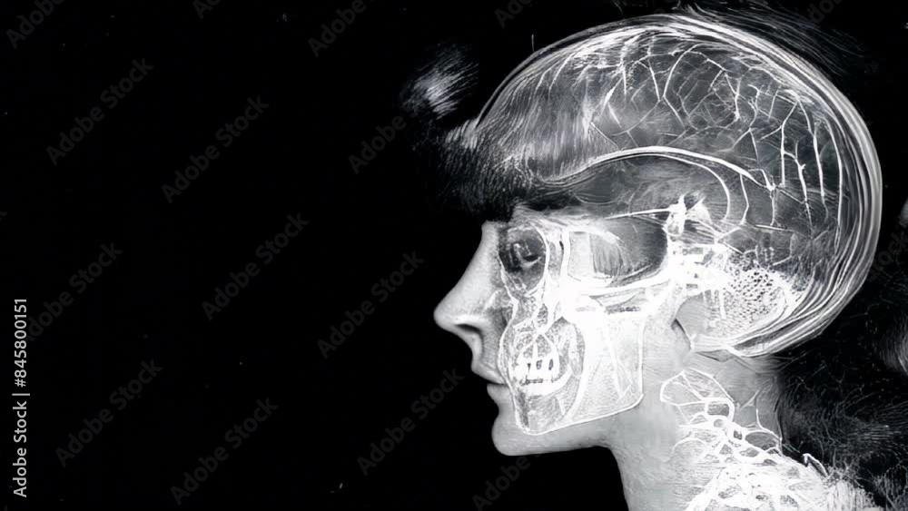 profile of a man with elements of a skull - a sinister image. X-ray ...