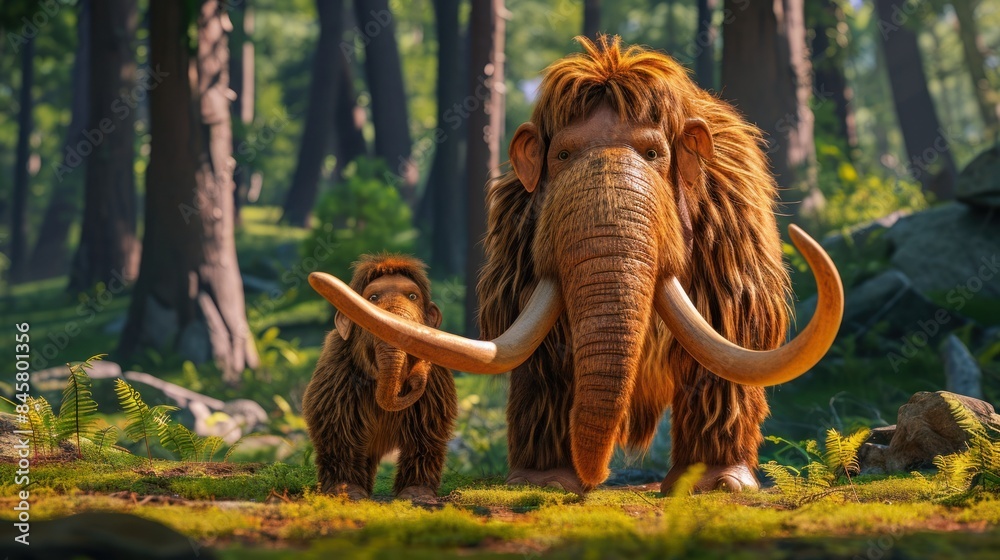 Vector illustration cartoon 3D rendering of a mammoth and its cub ...