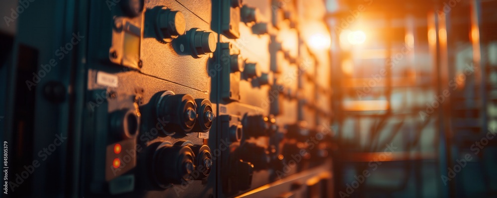 Low voltage switchgear in a power plant top view blurred background ...