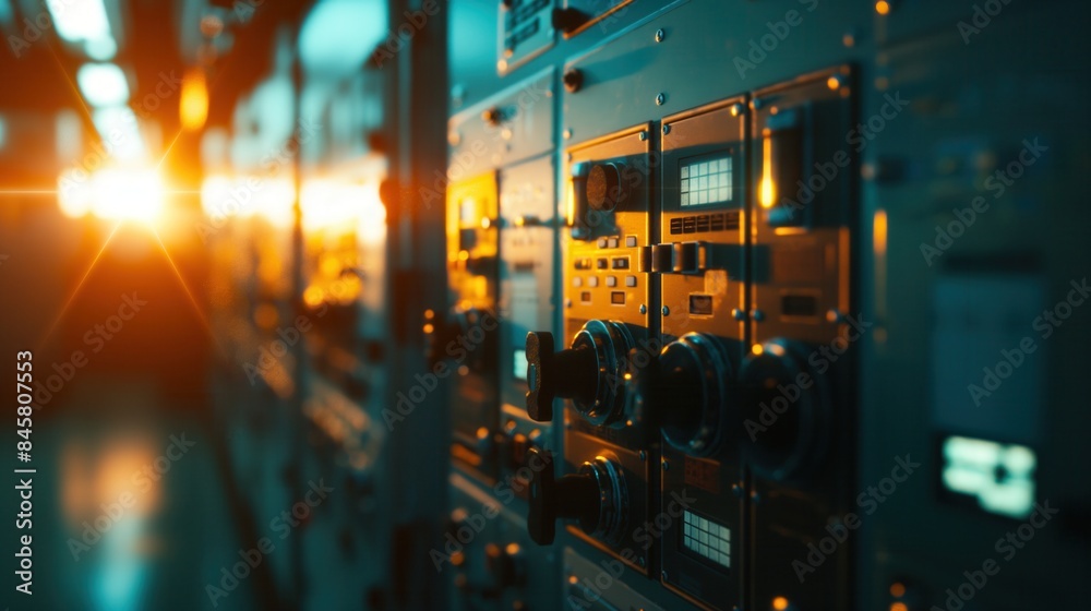 Blurred background with low voltage switchgear side view in a power ...