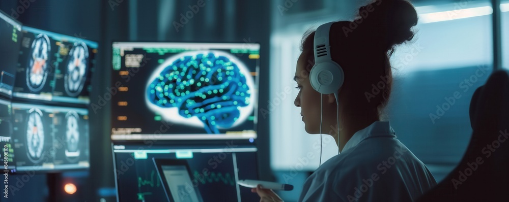 Medical professional examining patients brain front view using advanced ...