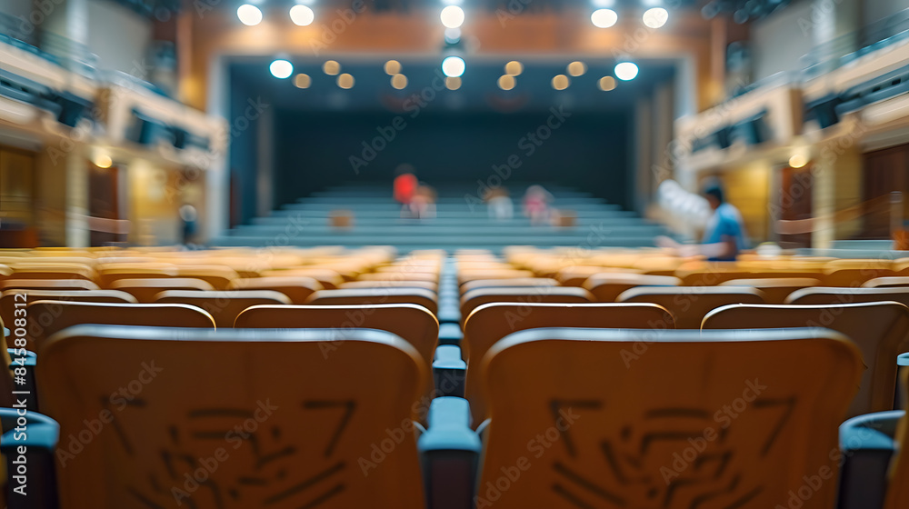 a of a school auditorium with rows of seats and a stage, capturing a ...