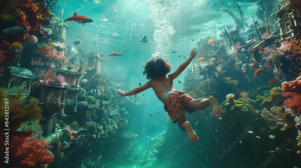 Children diving in the ocean with fantasy underwater view surrounded ...