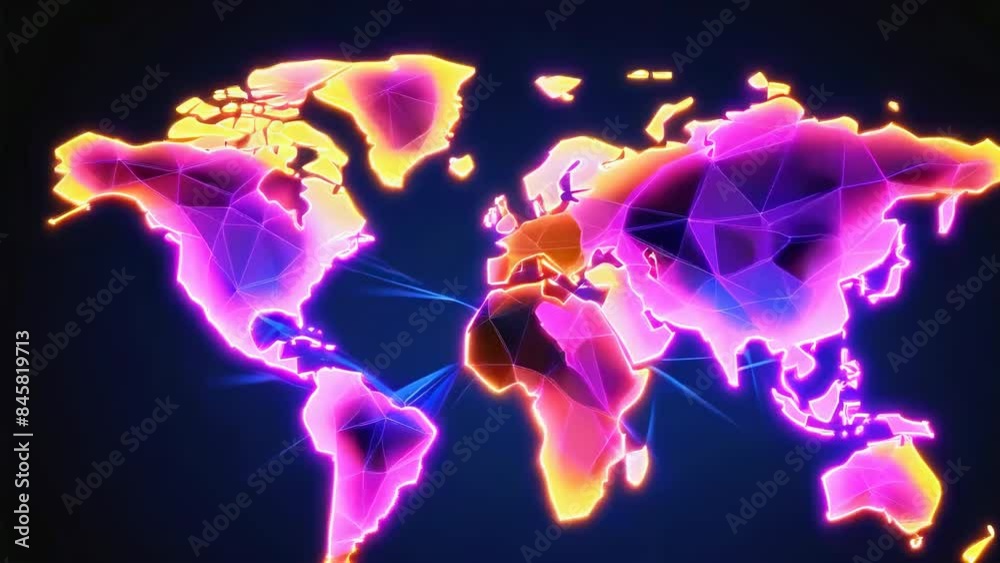 A dynamic, colorful neon polygonal map of the world displayed on a dark ...