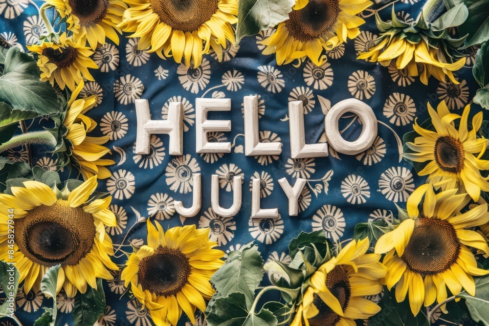 A photo of the text "HELLO JULY" made out of sunflowers, with a ...