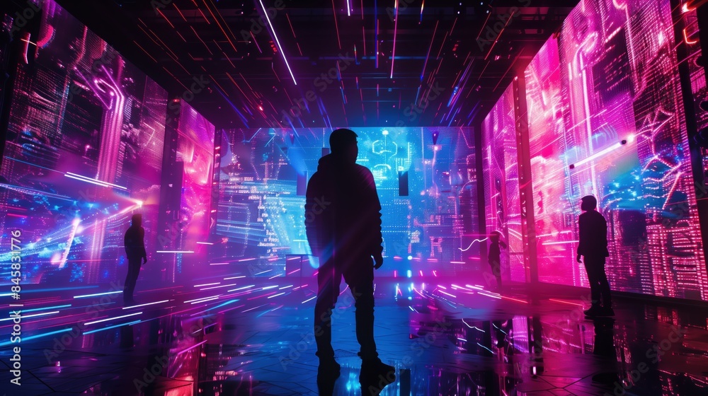 Silhouetted figures in a vibrant, futuristic digital art installation ...