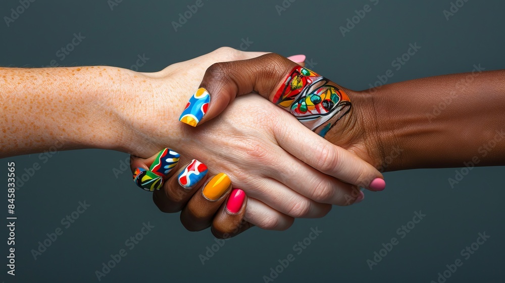 Diverse business handshake with vibrant nail art: a firm handshake ...