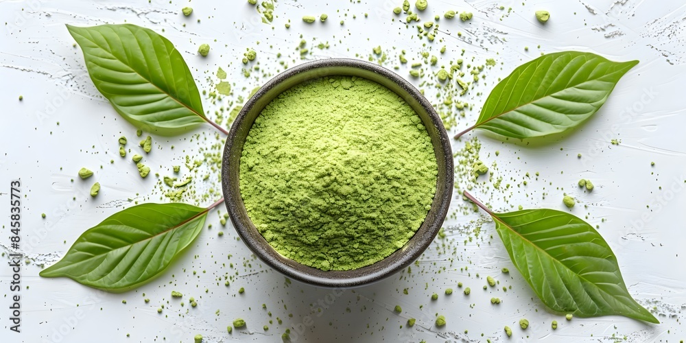 Visual Representation of Matcha Tea Powder with Kratom Leaves on White ...