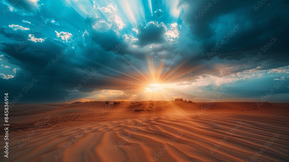 Desert Sunset with Sun Rays Through Clouds - A dramatic desert ...