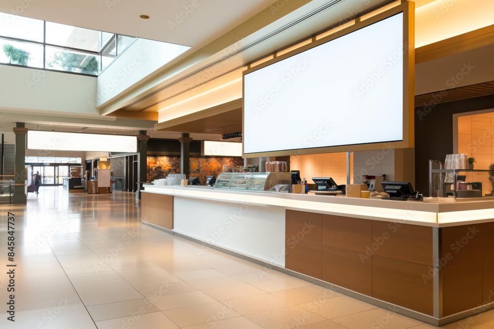 Modern cafe kiosk counter in shopping mall food court with blank white ...