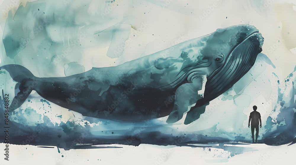 Watercolor illustration of Jonah standing before the enormous whale ...