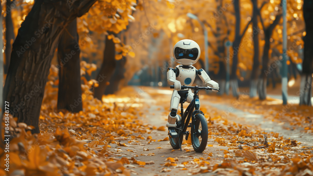Happy humanoid robot rides a bicycle along the autumn alley. Robotic ...