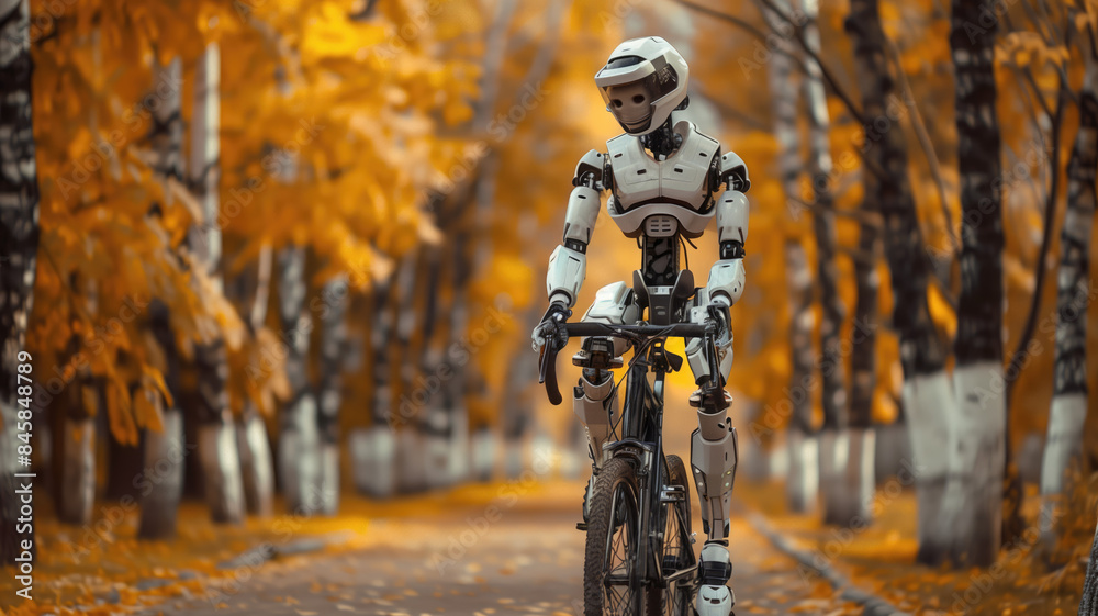 Happy humanoid robot rides a bicycle along the autumn alley. Robotic ...