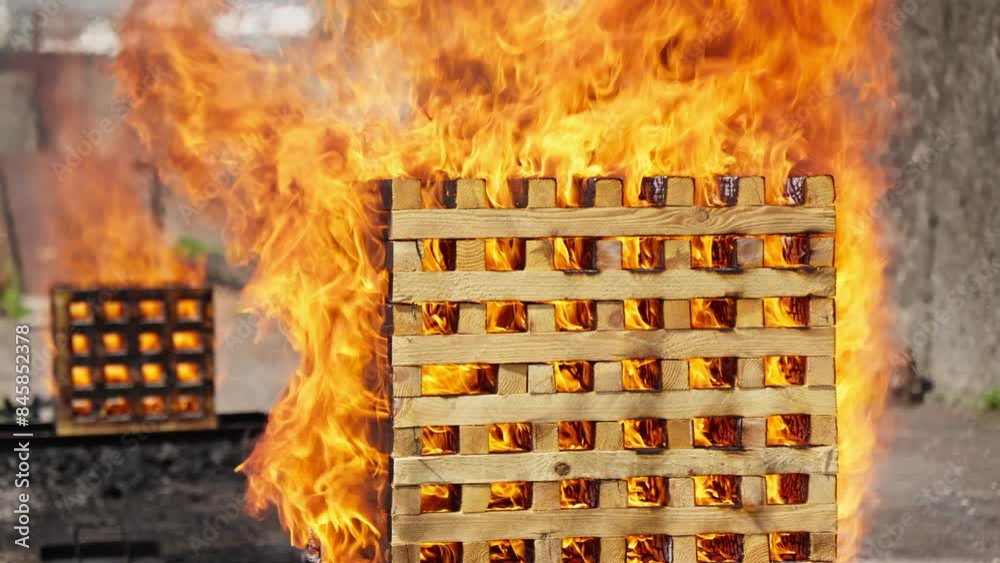 Pallet burning in controlled environment. Intense heat creates fiery ...
