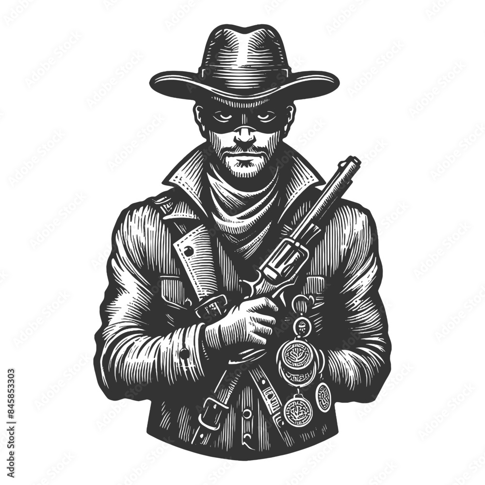 cowboy holding a revolver, dressed in classic Western attire with a hat ...
