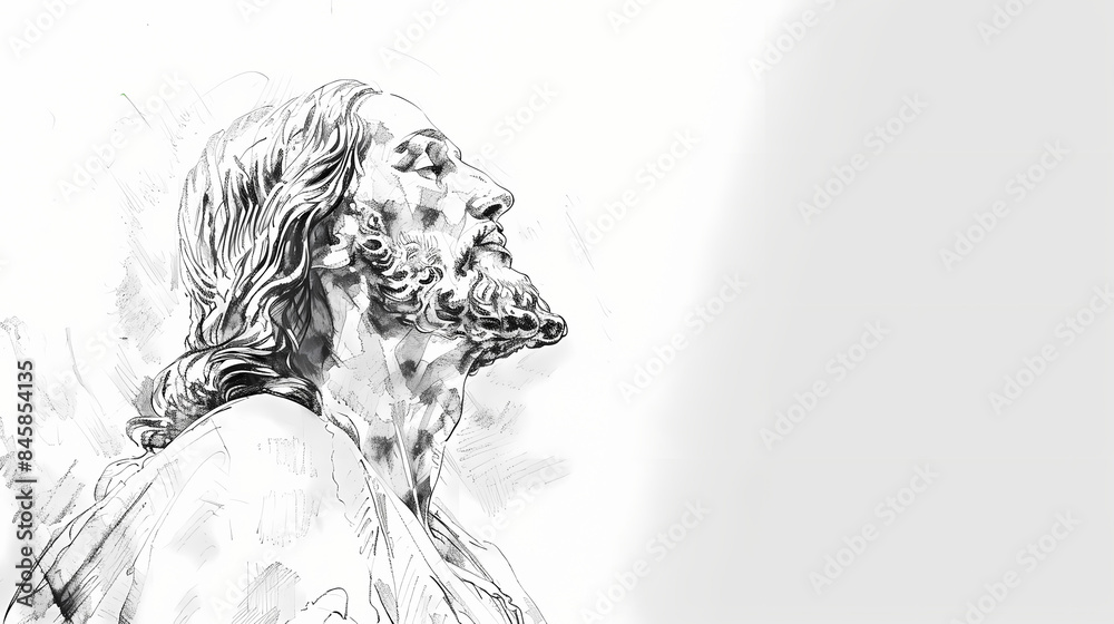 Sketch of Jesus looking up with a peaceful expression and blank space ...