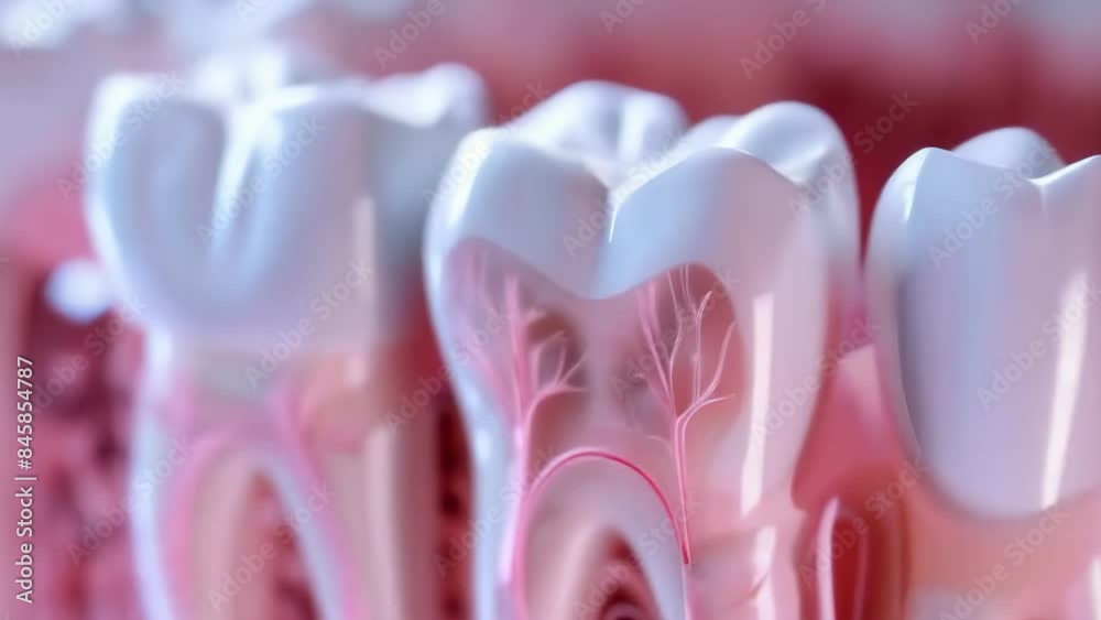 The image shows a detailed cross-section of molars highlighting roots ...