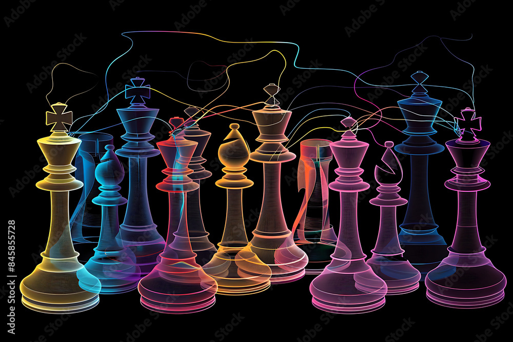 set of colorful chess pieces on dark background, simple line drawing ...