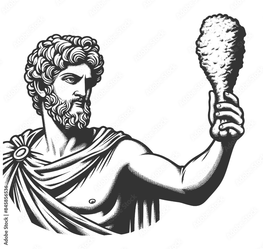 classical Greek statue holding fried chicken leg drumstick, humorous ...