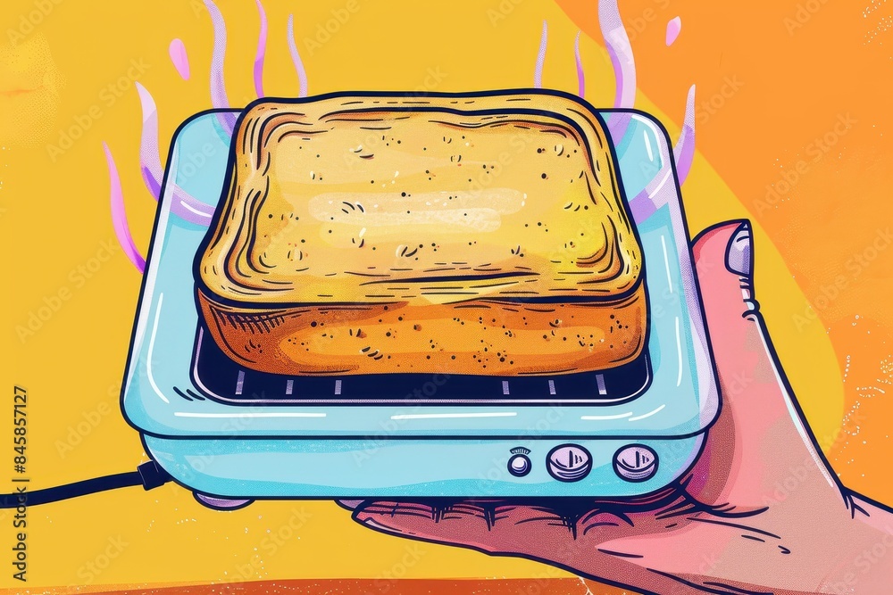 Colorful illustration depicting a hand holding a toaster with a single ...