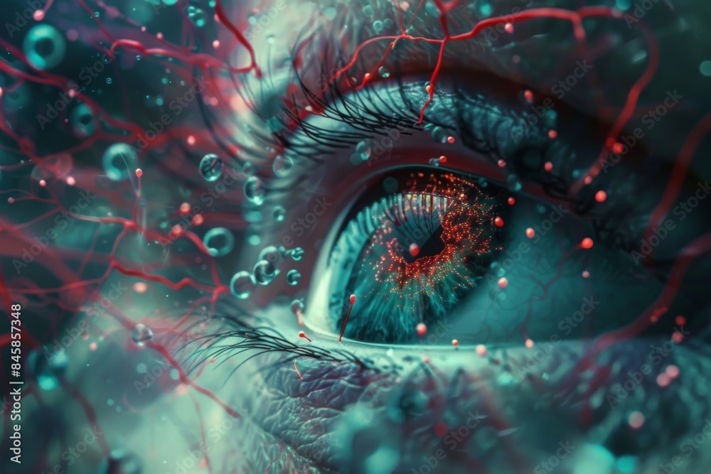 Close-up of a human eye with intricate red and blue veins, highlighted ...
