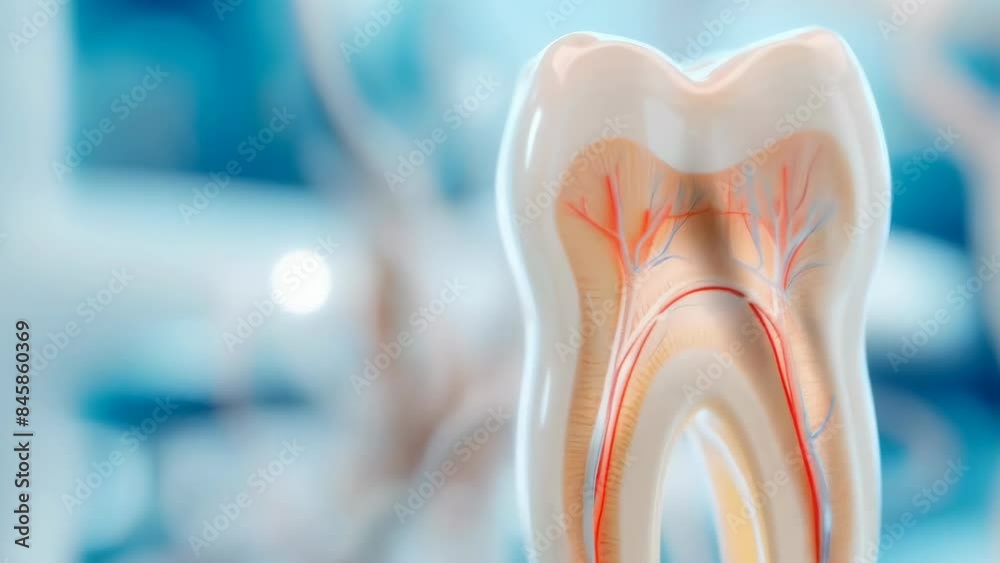 Detailed close-up of a tooth model displaying internal structure and ...