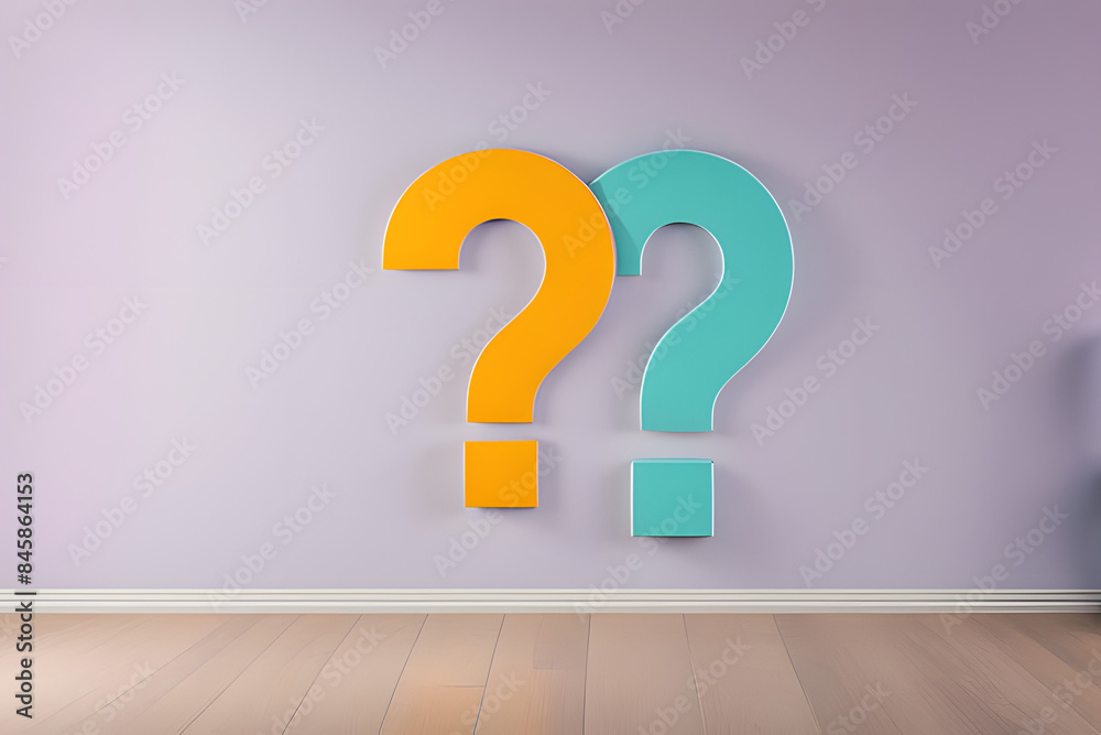 Two question marks in bold red font are displayed on a weathered brick ...