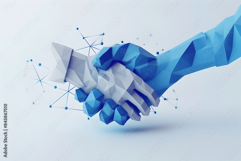 3d low poly illustration of handshake with network around it on white ...