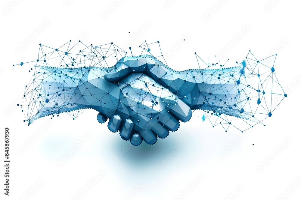3d low poly illustration of handshake with network around it on white ...