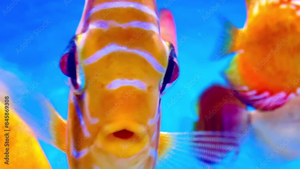 4K This clip features brightly colored discus fish swimming in an ...