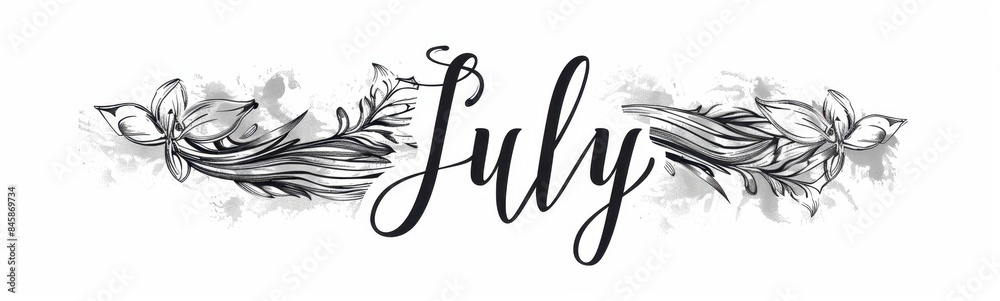 "July" written in cursive, simple line art, white background, thin ...