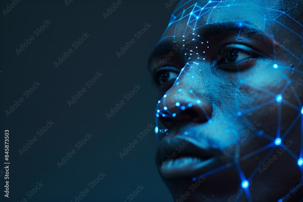 African american man with digital biometric scan grid. Face detection ...