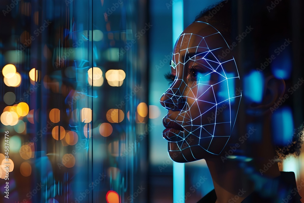 African american woman with digital biometric scan grid in the office ...