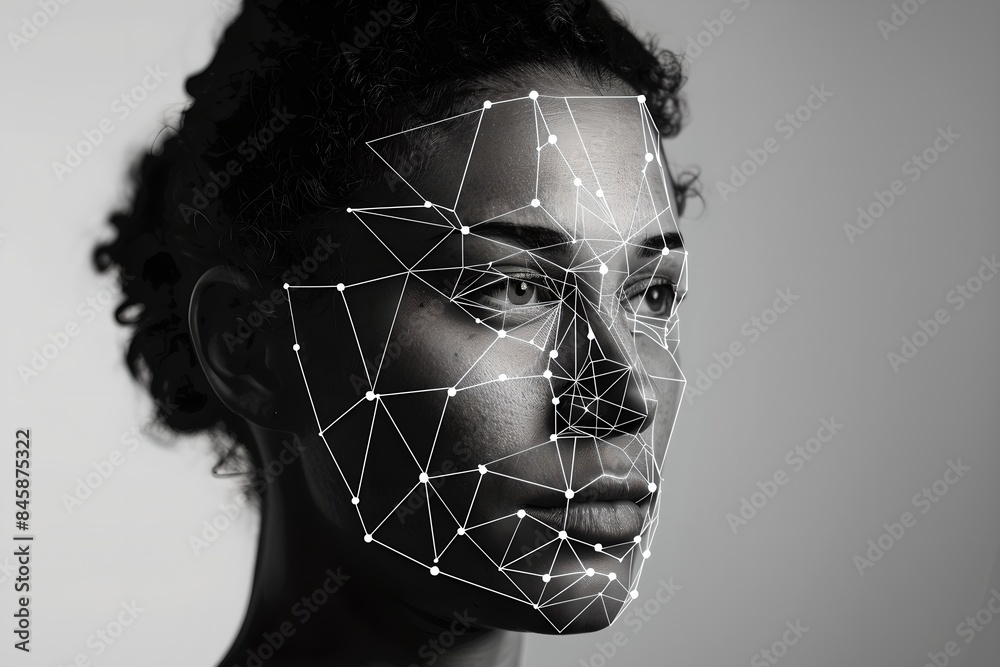 African american woman with digital biometric grid. Face detection and ...